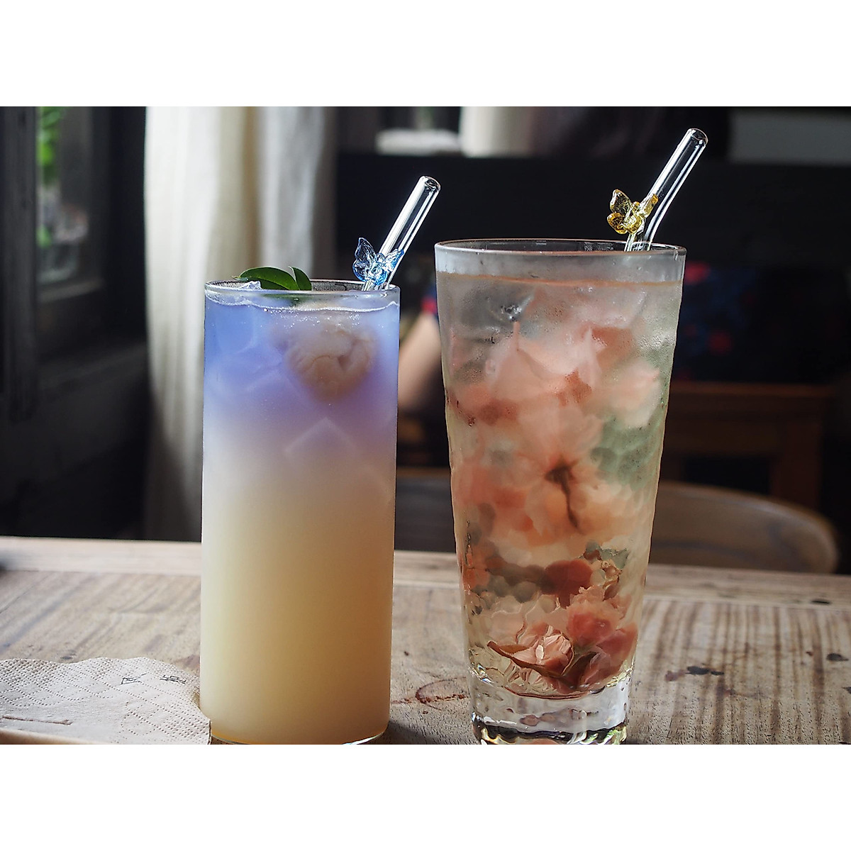 5pcs Butterfly Glass Straws Reusable Bent Drinking Straw 3D Butterfly on Clear Straws for Juices,Milk,Cocktails