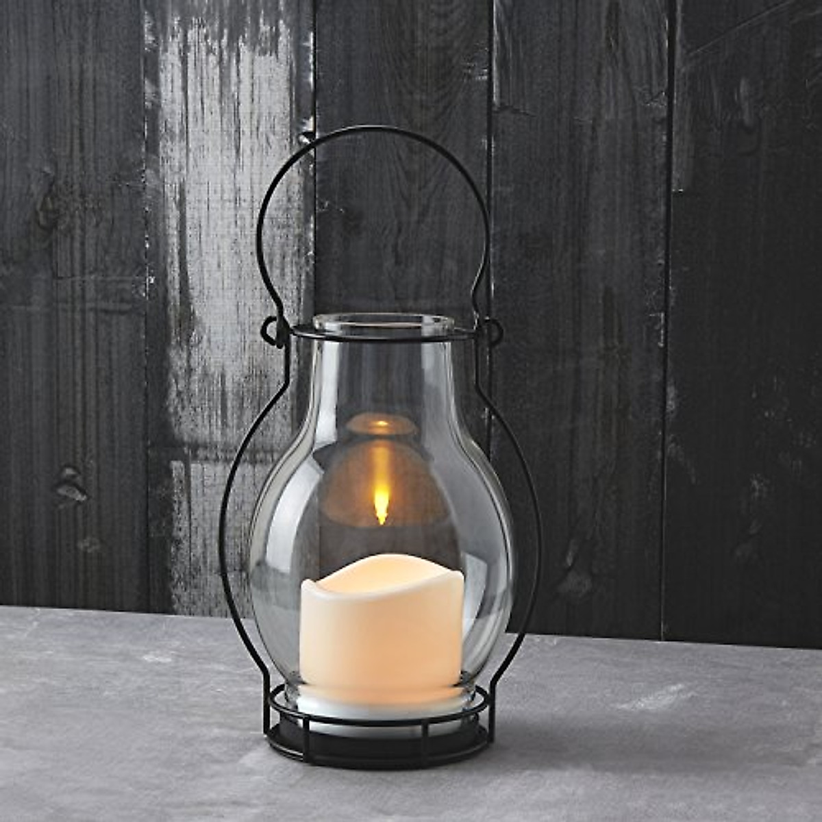 Black Outdoor Lantern with Solar Candle - 10.5 Inch Tall, Metal & Glass, Round Hurricane Style, Waterproof, Battery Included, Solar Powered Decorative Patio Lantern for Modern Home Decor