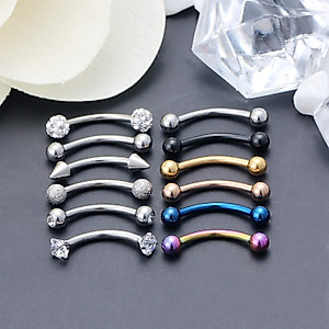 SCERRING 12PCS 16G 10mm Stainless Steel Eyebrow Tragus Helix Rook Daith Earrings Belly Lip Ring Clear Cubic Zirconia Barbell Body Piercing Jewelry Silver