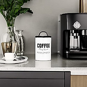 Amici Home Country Cottage Metal Coffee Canister with Lid, Airtight Food Jars for Coffee Bar, White and Black Metal Farmhouse Design for Kitchen Countertop and Pantry, 42-Oz