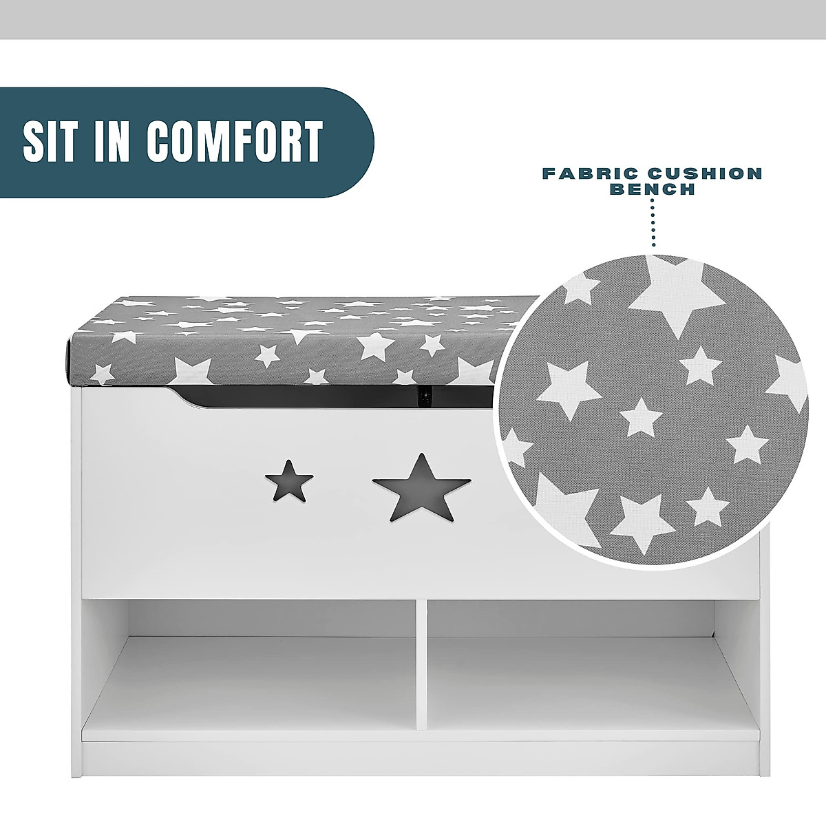 Sturdis Kids Toy Box – Gray & White with Cushion Storage Bench Seat, Toy Storage Chest And Cubby Space For Shoes And Books Organizers