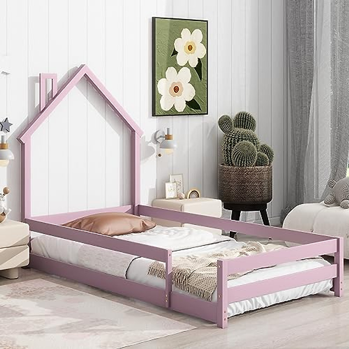 Twin Size Platform Bed, Wooden Platform Bed Frame with House-Shaped Headboard, Floor Bed with Fences for Kids Boys Girls Bedroom (Pink 01)