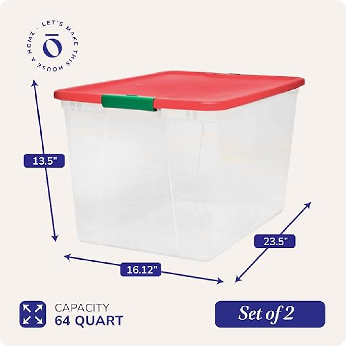 HOMZ 64 Quart Secure Seal Latching Extra Large Clear Plastic Storage Tote Container Bin w/Red Lid for Home, Garage, & Basement Organization (2-Pack)