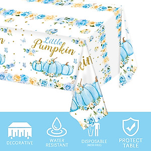 LINHAXM 3 Pack Blue Little Pumpkin Baby Shower Tablecloths - Fall Pumpkin Floral Plastic Table Cover for Baby Boy Shower Gender Reveal Decorations, 54 x 108 Inch