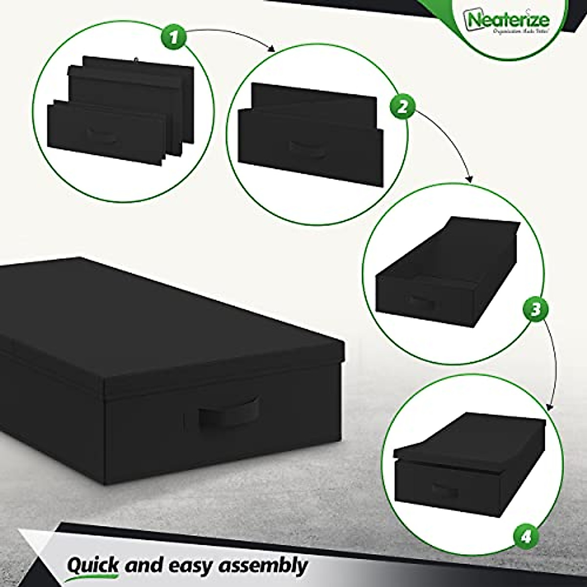 NEATERIZE Storage Box, Under Bed Storage Bins With Lids, Set of 2, Long Flat Stackable Underbed Containers For Organizing Clothing, Shoes, toys, Blankets, and Linen. Garage Boxes, Large, Black