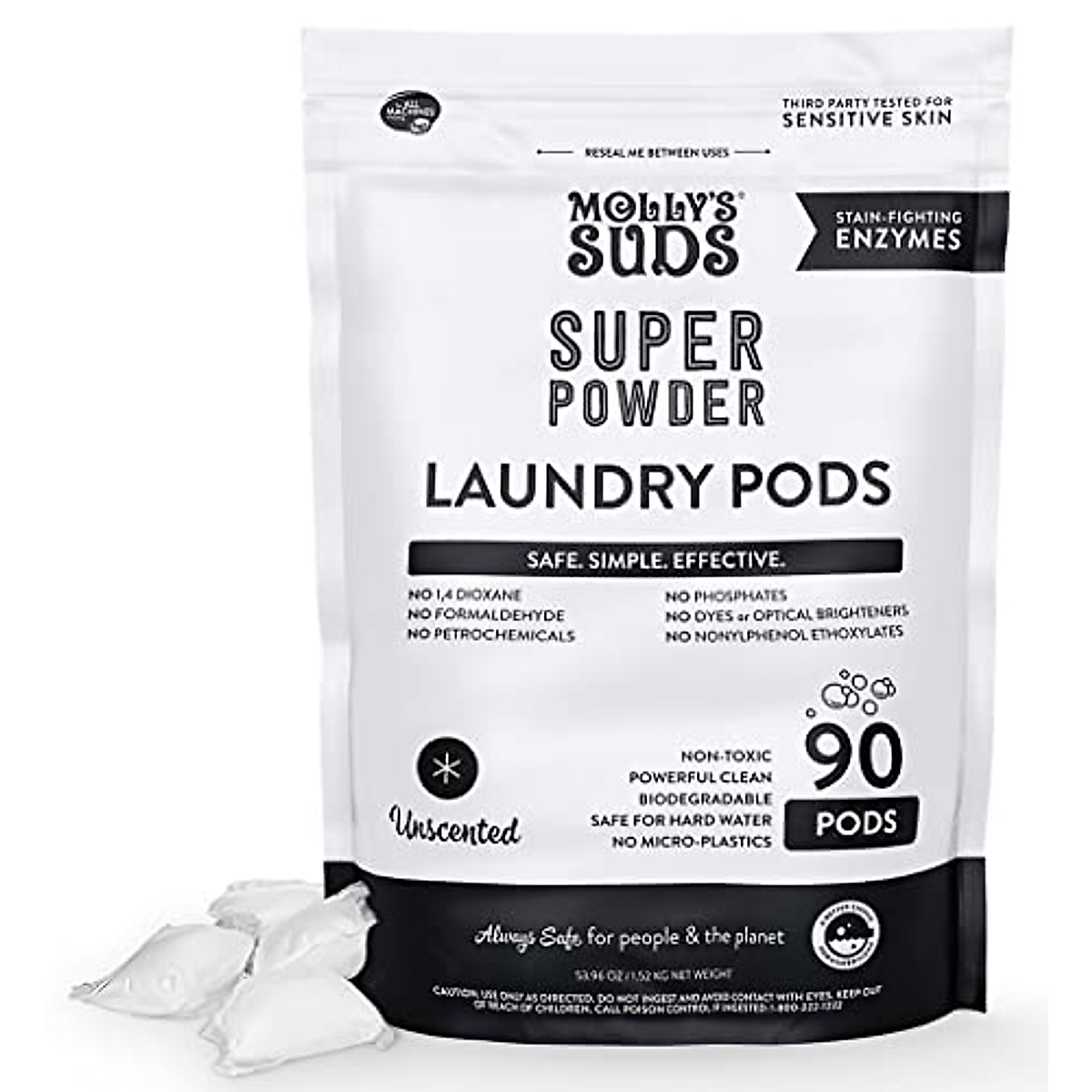 Molly's Suds Super Powder Laundry Detergent Pods | Natural Extra Strength Detergent for Sensitive Skin | Ultra Concentrated and Stain Fighting (Unscented - 90 Count)