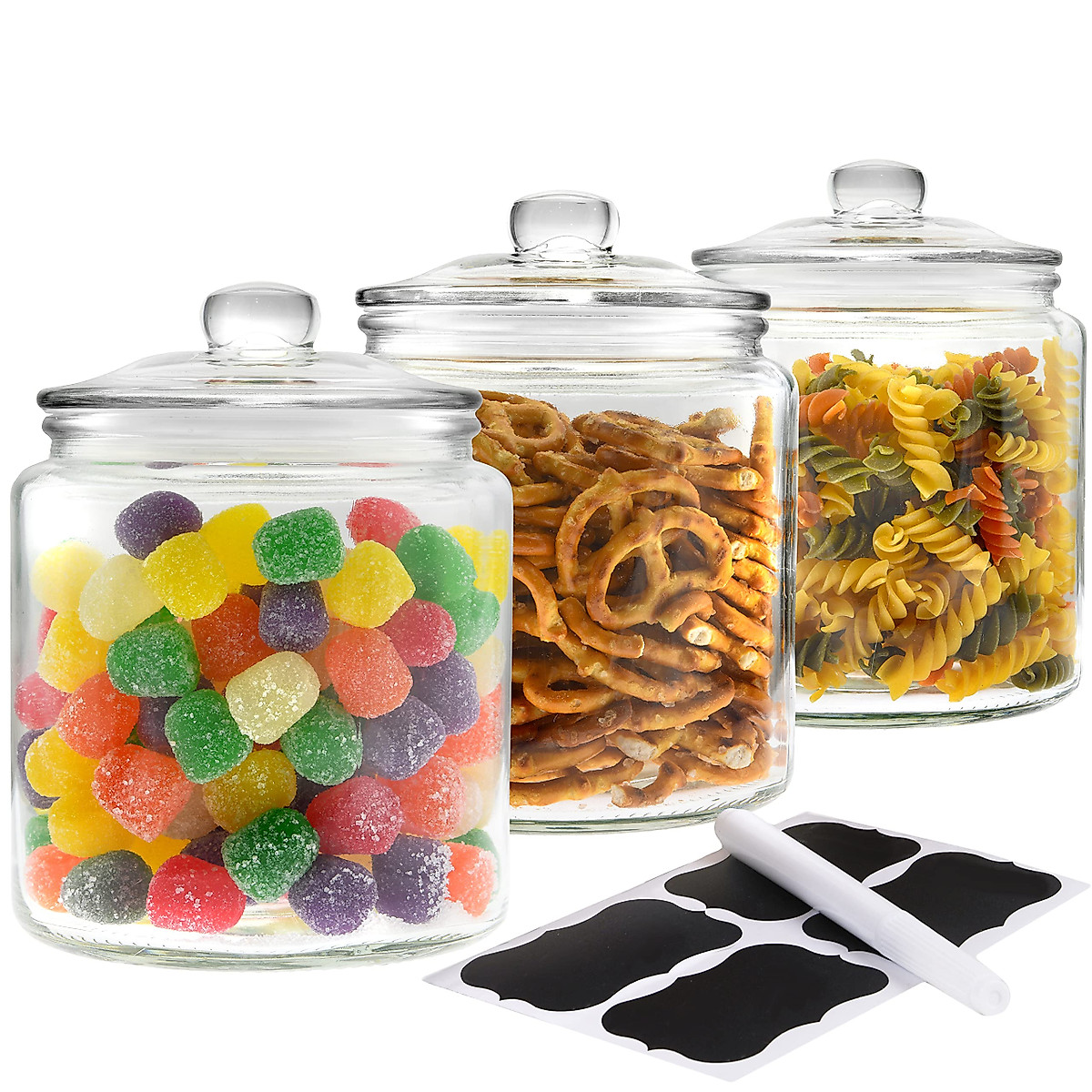 Glass Cookie Jar -2x 1/2 Gallon (64oz) & 1/4Gallon (32oz) - Glass Apothecary Jars With Lids - Canister Sets For Kitchen Counter - Glass Candy Jars - Glass Canisters Set Of 4 - Sugar Containers For Countertop (Glass Jars with labels)