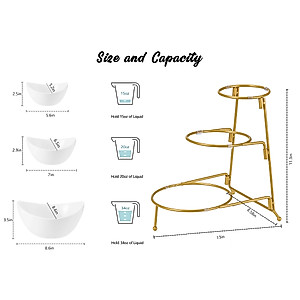 HBlife 3 Tier Oval Bowl Set with Metal Rack, Ceramic Fruit Bowl Serving, Tiered Serving Stand for Dessert Appetizer Cake Candy Chip Dip (Gold)