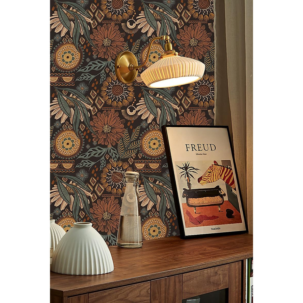 HAOKHOME Wallpaper Peel and Stick Floral Boho Brown/PeachPuff/Green Retro Wall Decor Bathroom Removable Mural 17.7in x 6.6ft