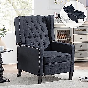 CALABASH Push Back Recliner Chair, Upholstered Wingback Chair Tufted Armchair Mid Century Modern Lounge Recliners for Small Spaces, Living Room, Bedroom,Home Theater,Black