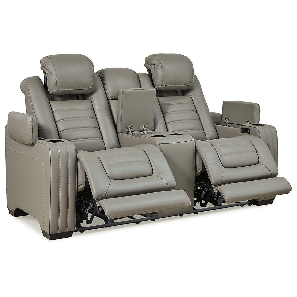 Signature Design by Ashley Backtrack Contemporary Tufted Leather Power Reclining Loveseat with Console and Adjustable Headrest, Light Gray