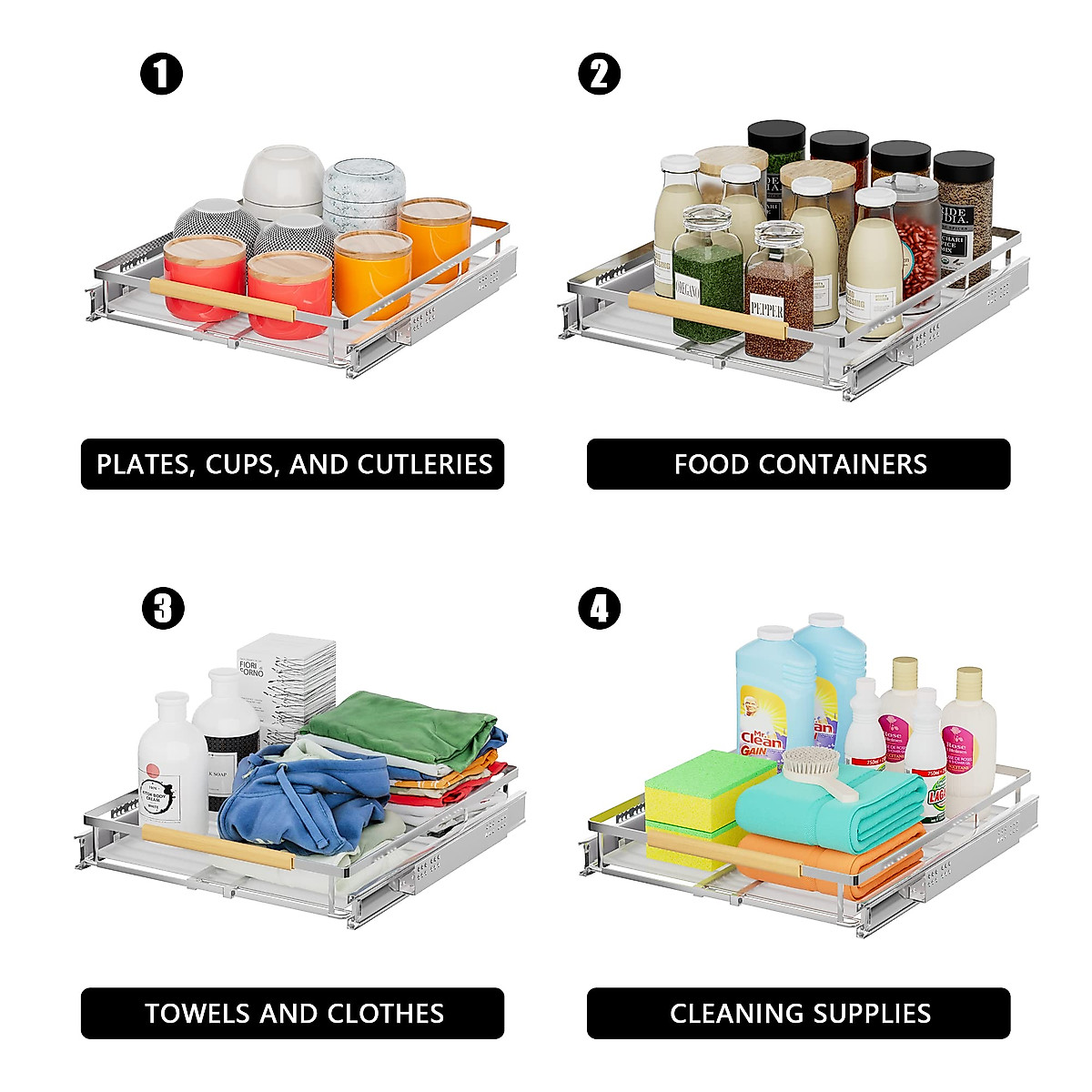 WEJIPP Pull Out Cabinet Organizer Expendable Slide Out Pantry Organizer Shelves Heavy Duty Stainless Steel Storage Shelf for Kitchen Bathroom Cabinet Pantry Closet Under Sink Organization,2Packs