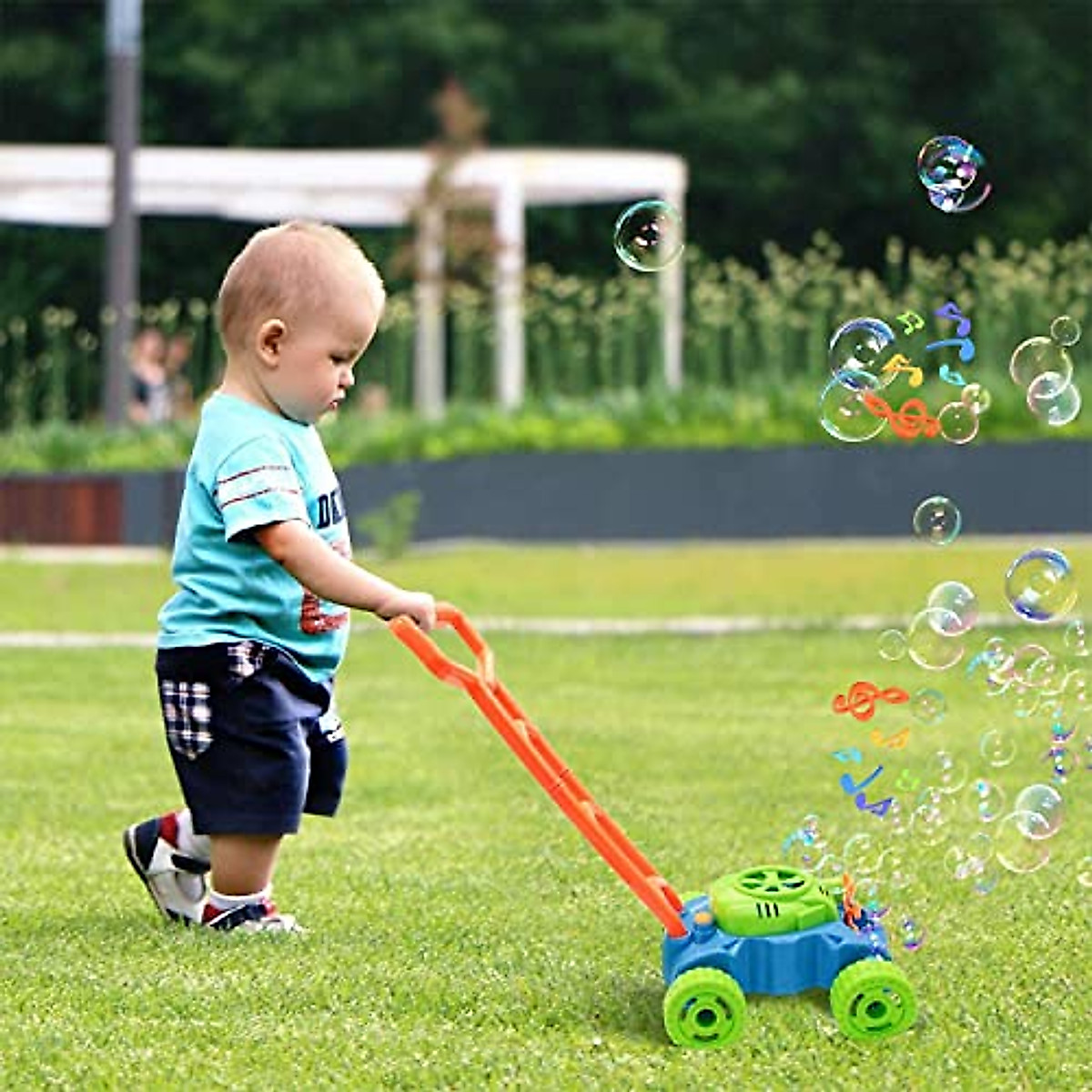 JUMELLA Automatic Lawn Mower Bubble Machine with Music for Kids, Baby Activity Walker for Outdoor, Push Toys for Toddler, Christmas Birthday Gifts for Preschool Boys Girls