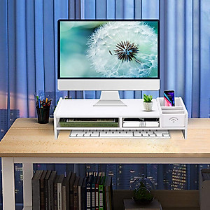 Monitor Stand Riser, Computer Laptop Riser Shelf with Organizer Drawer (White, 19"L x 8"W x 4"H)