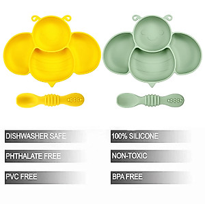 PandaEar 2 Pack Silicone Suction Plates for Baby, Divided Unbreakable Toddler Plate with 2 Pack Spoons for Self Feeding, Babies Utensils Feeding Set Baby Eating Supplies, Bee Shape, Yellow&Green