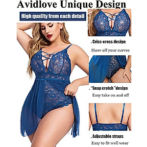 Avidlove Babydoll Sleepwear Women's Lingerie Lace Nightwear Plus Size Nightdress (Blue, XXL)