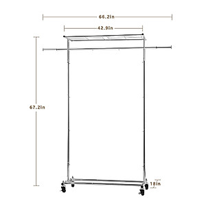 HOUSE AGAIN Clothes Rack on Wheels with Extra Top Storage Shelf, LARGE Rolling Garment Rack for Hanging Clothes, Heavy-duty Metal Clothing Rack Organizer for Bedroom, Living Room -Silver