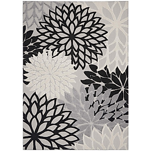 Nourison Aloha Indoor/Outdoor Black White 7' x 10' Area Rug, Tropical, Botanical, Easy Cleaning, Non Shedding, Bed Room, Living Room, Dining Room, Deck, Backyard, Patio (7x10)