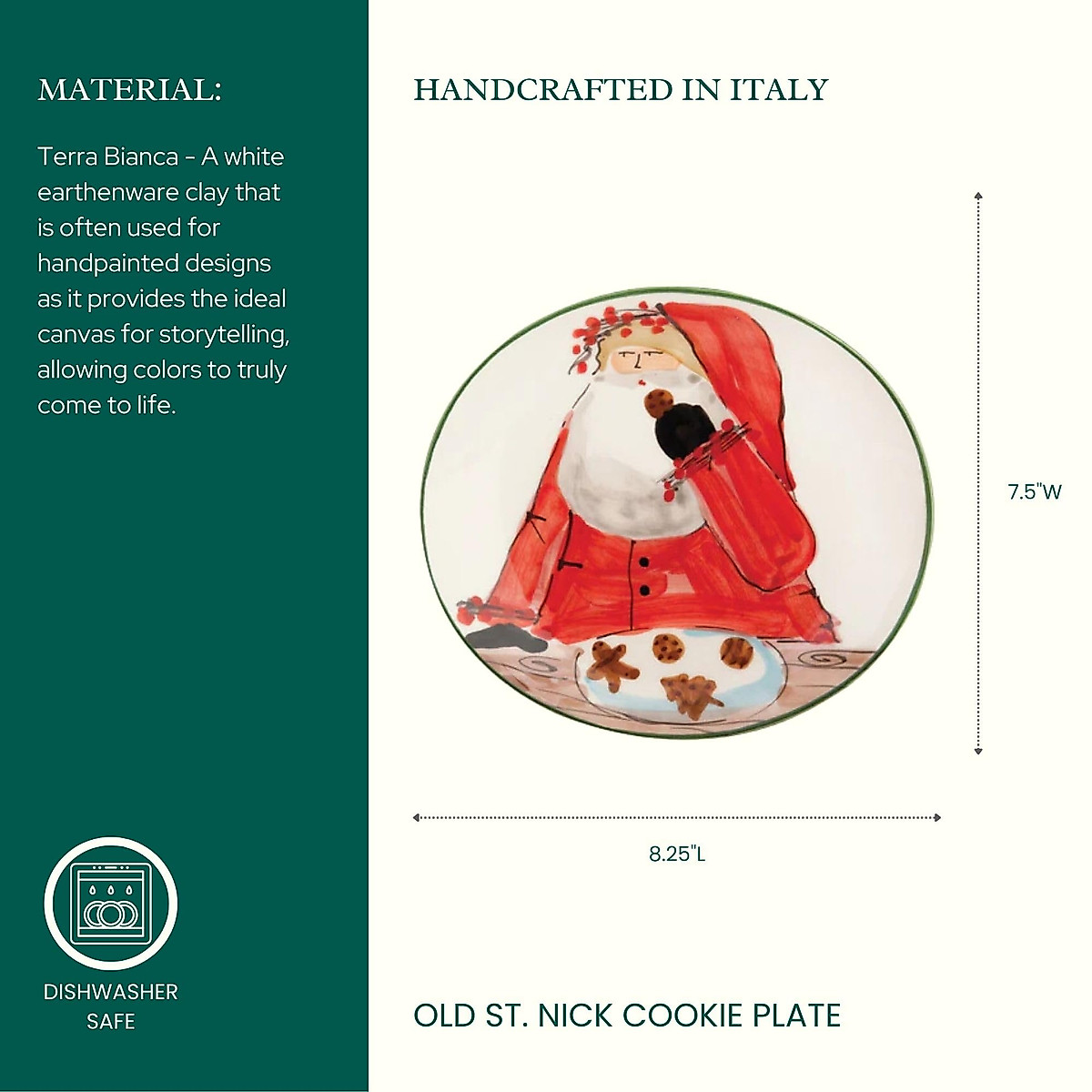 Vietri Old St. Nick Cookie Plate, 8.25" L Christmas Dinnerware for Serving Snack, Dessert & Appetizer, Multi-Color