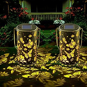 Taomika 2 Pack Solar Lanterns Garden Hanging Solar Lantern Outdoor Waterproof, Solar Lantern Light Butterfly Solar Lights for Patio Yard, Pathway, Fence, Walkway, Decorative Lamp