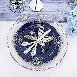 Hioasis 175pcs Blue Plastic Plates - Blue and Silver Plastic Plates Disposable Include 25 Dinner Plates,25 Dessert Plates,25 Knives,25 Forks,25 Spoons,25 Napkins Perfect for Wedding & Parties