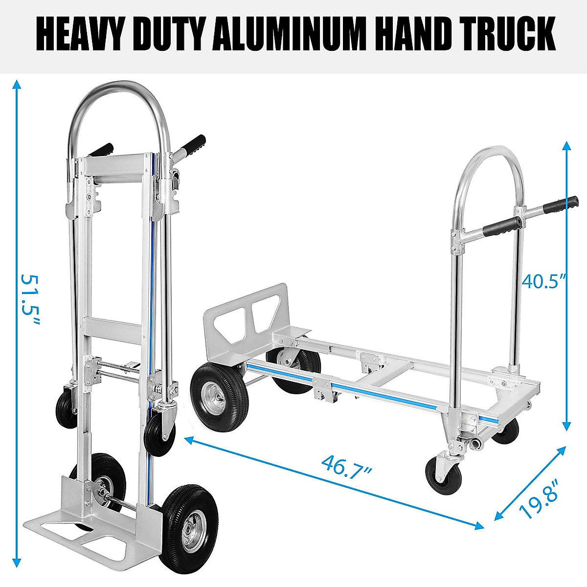 TOPDEEP 2 in 1 Aluminum Hand Truck, Industrial Convertible Hand Truck and Dolly 1000 LBS Capacity, Heavy Duty Hand Truck Flatform Cart with 10" Hi Tech Rubber Wheels