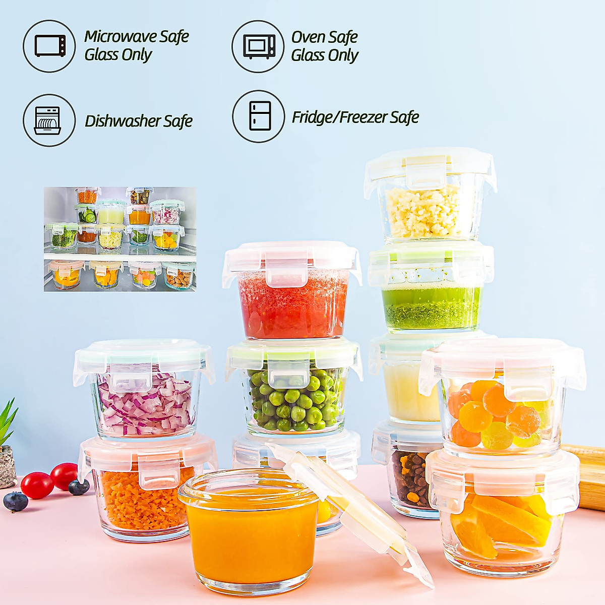 CZUMJJ 4 oz Circular Glass Food Storage Containers Set of 24, Small Containers with Locking Lids, Airtight Glass Food Jars for Food Portion, Snacks | Freezer, Microwave & Dishwasher Safe