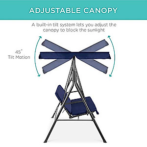Best Choice Products 2-Person Outdoor Patio Swing Chair, Hanging Glider Porch Bench for Garden, Poolside, Backyard w/Convertible Canopy, Adjustable Shade, Removable Cushions - Blue