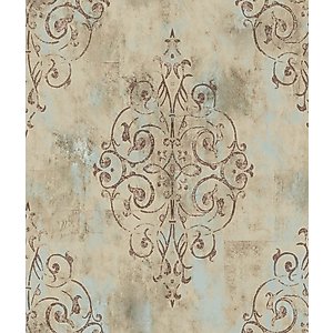 HAOKHOME 94005-3 Vintage French Damask Peel and Stick Wallpaper 17.7in x 9.8ft Deep Yellow/Mist Blue/Brown Vinyl Self Adhesive Wall Paper Design for Walls Bathroom Bedroom Home Decor
