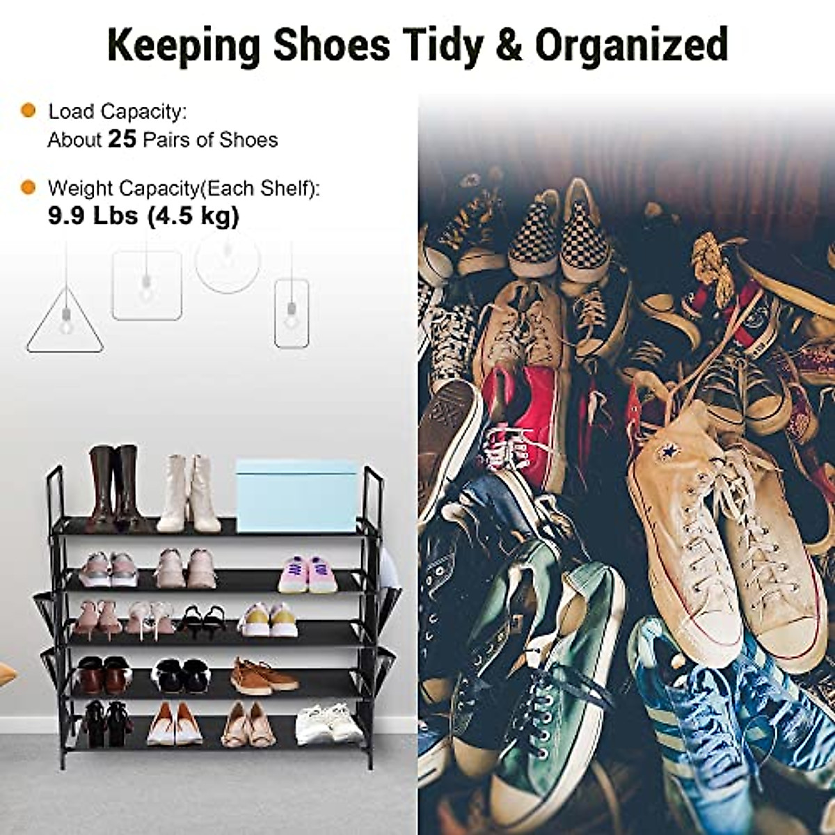 Yescom Black 5-Tier Shoe Rack Storage Organizer 25 Pair for Entryway,Hallway,Closet