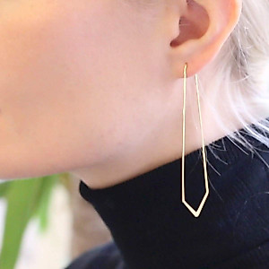 Humble Chic Geometric Chevron Threader Hoop Earrings - Hypoallergenic Lightweight Cutout Thin Wire Drop Dangles, 18K Yellow - 3 inch