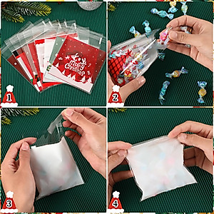 FEBSNOW 450 PCS Christmas Self-adhesive Candy Cellophane Bags Treat Cookie Bags for Christmas Holiday Party Favor Gift Decoration Supplies (9 Patterns)