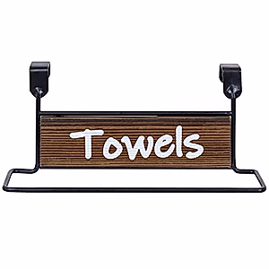 MyGift 10 Inch Matte Black Metal Bar Over Cabinet Door Kitchen Tea Towel Hanger Rack with Rustic Burnt Wood Sign White Print Lettering “Towels” Label Design