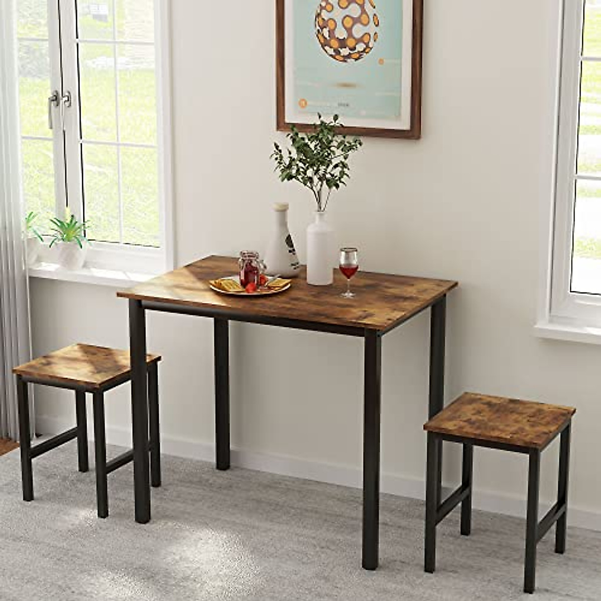 AWQM 3 Piece Dining Table Set, Small Kitchen Table and 2 Stools, Kitchen Breakfast Dining Table Set, Breakfast Table of 35.43 x 23.62 x 29.92 inches, Stools of 13.8 x 13.8 x 17.8 inches, Rustic Brown