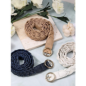 SATINIOR 3 Pcs Women's Braided Leather Belt Skinny Woven Braided Belt O Ring Buckle Leather Belt for Dress Jean Skirt Pant (Khaki, White, Navy Blue)