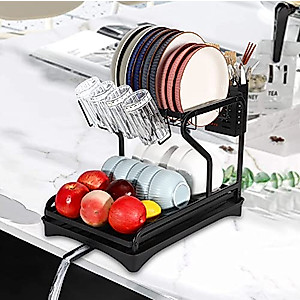 YWCMESDM Dish Drying Rack, Multifunctional Dish Rack with Drainboard & Utensil Holder, 2 Tier Stainless Steel Dish Racks, Dish Drainers with a Large Capacity for Kitchen Counter (Black)