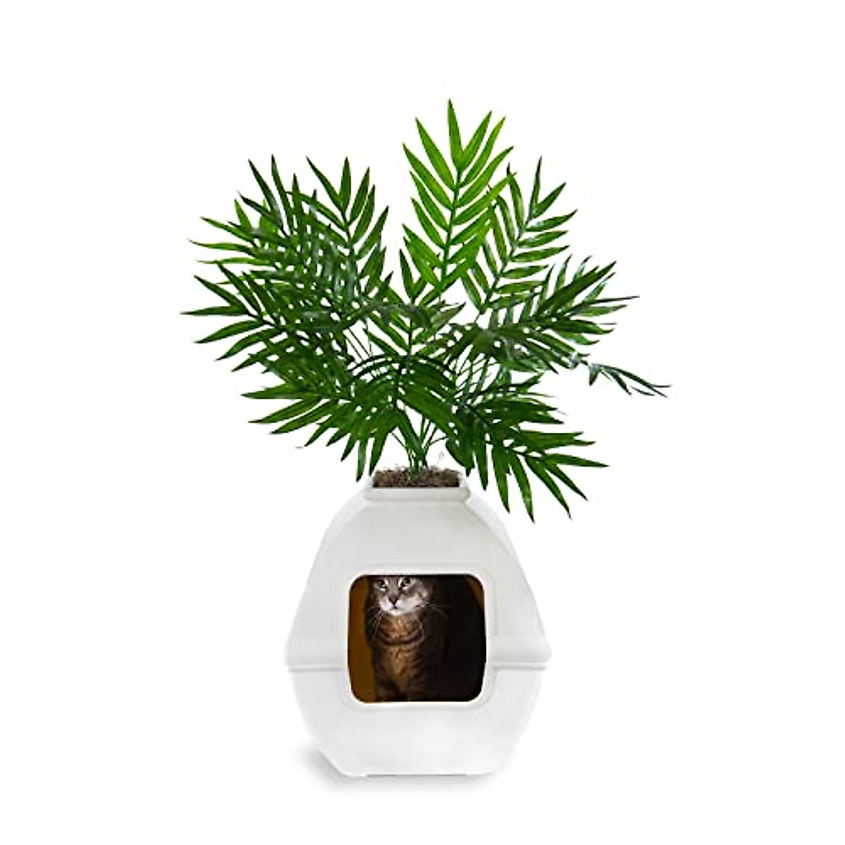 Good Pet Stuff, The Courtyard Hidden Litter Box, Artificial Plants & Enclosed Square Cat Planter Litter Box, Vented & Odor Filter, Easy to Clean, White Birch