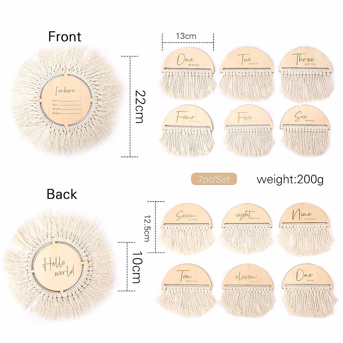 Boho Baby Monthly Milestone Cards | 7 Pcs Wooden Double Sided Discs from Newborn to 1 Year | Baby Gift Sets incl. Hello World Baby Birth Announcement Sign for Baby Shower & Photo Props