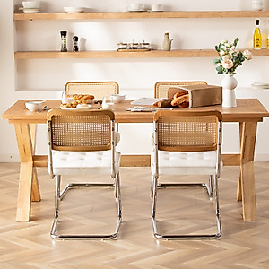 COLAMY Mid Century Modern Dining Chairs Set of 2, Velvet Rattan Dining Room Kitchen Side Chairs with Metal Chrome Legs and Upholstered Seat for Home, Living Room, Bedroom - Beige