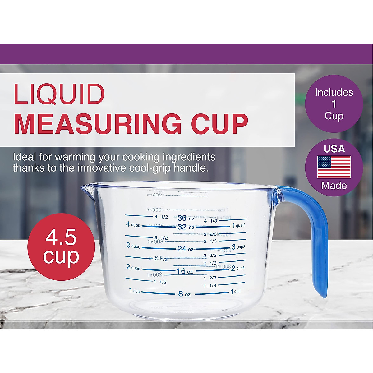 Arrow Home Products Plastic Measuring Cups for Liquids, 4.5 Cups - With Cool-Grip Handle - BPA-Free, Stackable Measuring Cups with Spout and Clear Measurements - Microwave and Dishwasher Safe