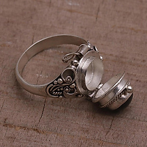 NOVICA Artisan Handmade Onyx Locket Ring 925 Sterling Silver from Bali Black Cocktail Indonesia Birthstone [crownbezel 0.5 in H x 0.4 in W x 0.3 in D Band Width 3 mm W] ' Gerhana Shrine'