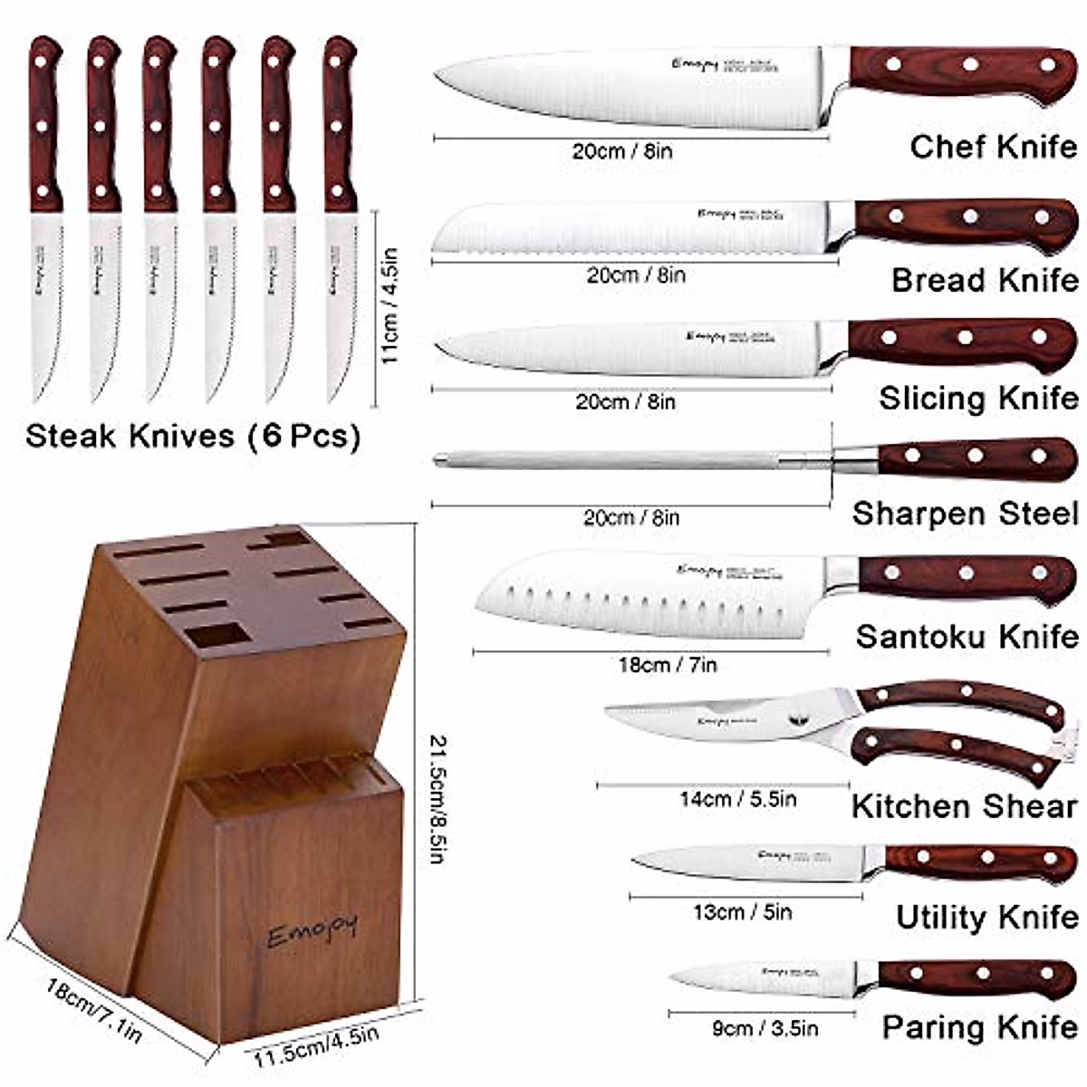 Knife Set, 15 Pcs Emojoy Kitchen Knife Set with Block Wooden, Manual Sharpening for Chef Knife Set, Stainless Steel Professional Knife for Kitchen