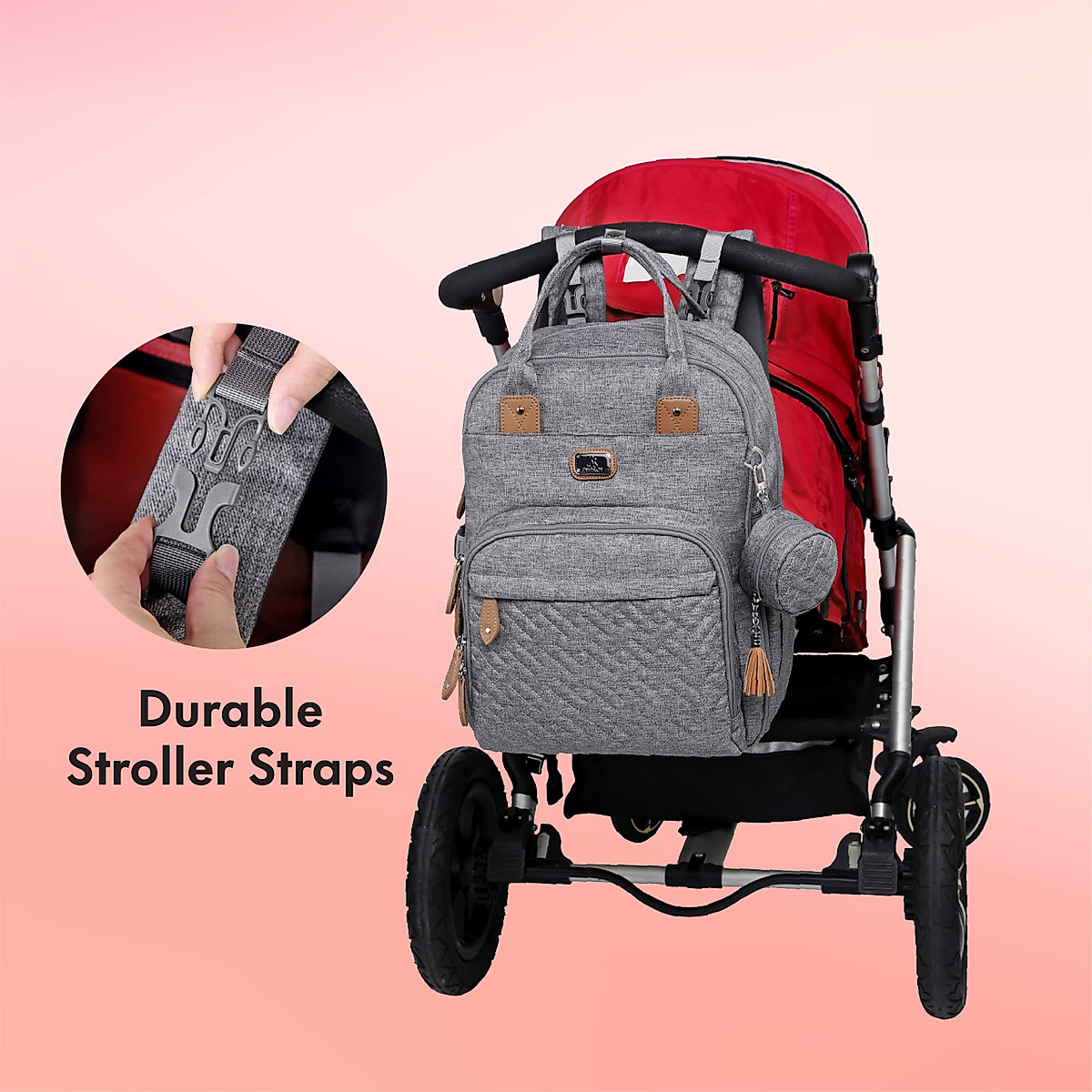 Dikaslon Diaper Bag Backpack with Portable Changing Pad, Pacifier Case and Stroller Straps, Large Unisex Baby Bags for Boys Girls, Multipurpose Travel Back Pack Moms Dads, Gray