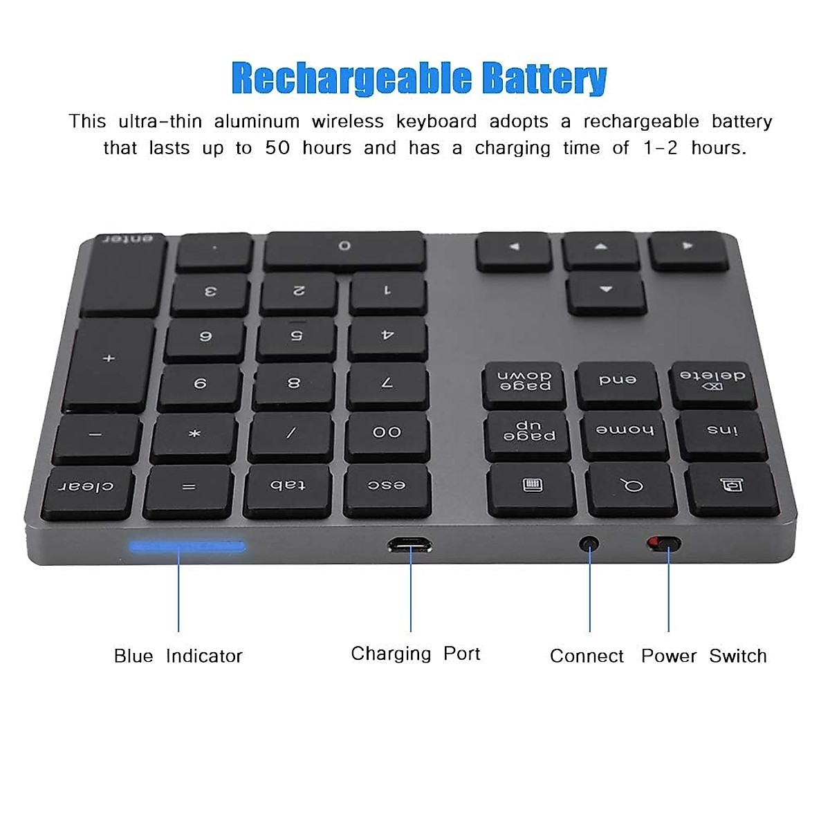 Numeric Keypad, Rechargeable Aluminum Alloy 34 Keys Mini Bluetooth Numpad, Slim External Numpad Keyboard Data Entry Support Windows, iOS, Android System