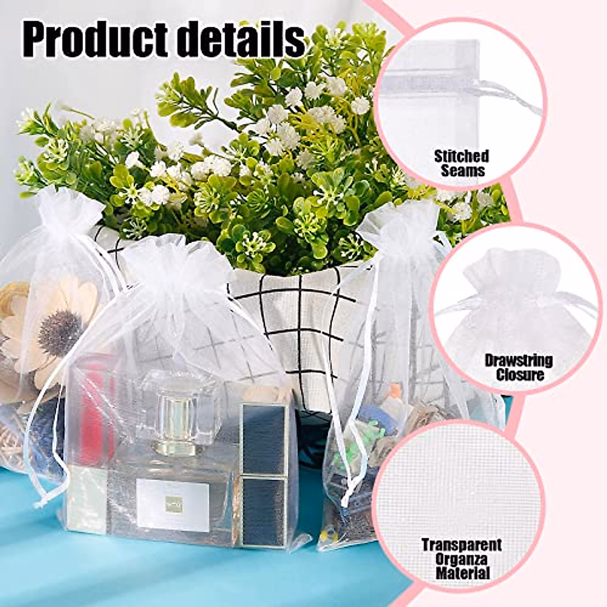 KongJies Organza Bags, 50 Pack Sheer Organza Bags 4x6, Jewelry Bags Drawstring, Mesh Gift Bags for Jewelry, Soaps, Party Favor Gifts