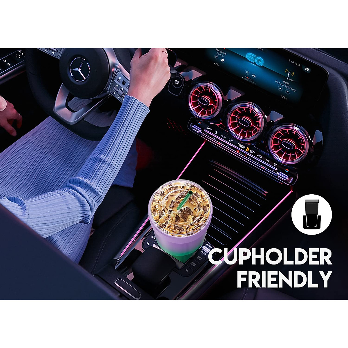 Meoky Double Wall Stainless Steel Iced Coffee Sleeve Reusable, One Size Fits All Coffee Sleeve for Starbucks, Dunkin Donuts, McDonalds (16-24oz, Glitter Lavender)