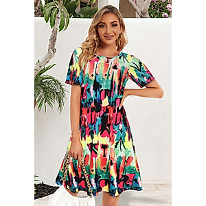 Sundresses for Women Summer Beach Tshirt Dress Tie Dye Short Sleeves Pocket Tunic(Colorful,L)