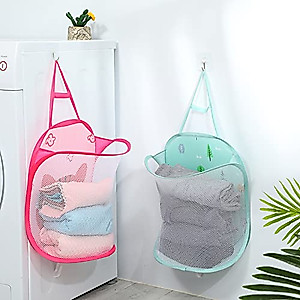 Mesh Collapsible Small Wall Laundry Baskets,plplaaoo Hanging Laundry Hamper,Pop Up Laundry Hamper with Hook,Used for Bedroom,Bathroom,Guys and Girls Dorms(Pink)