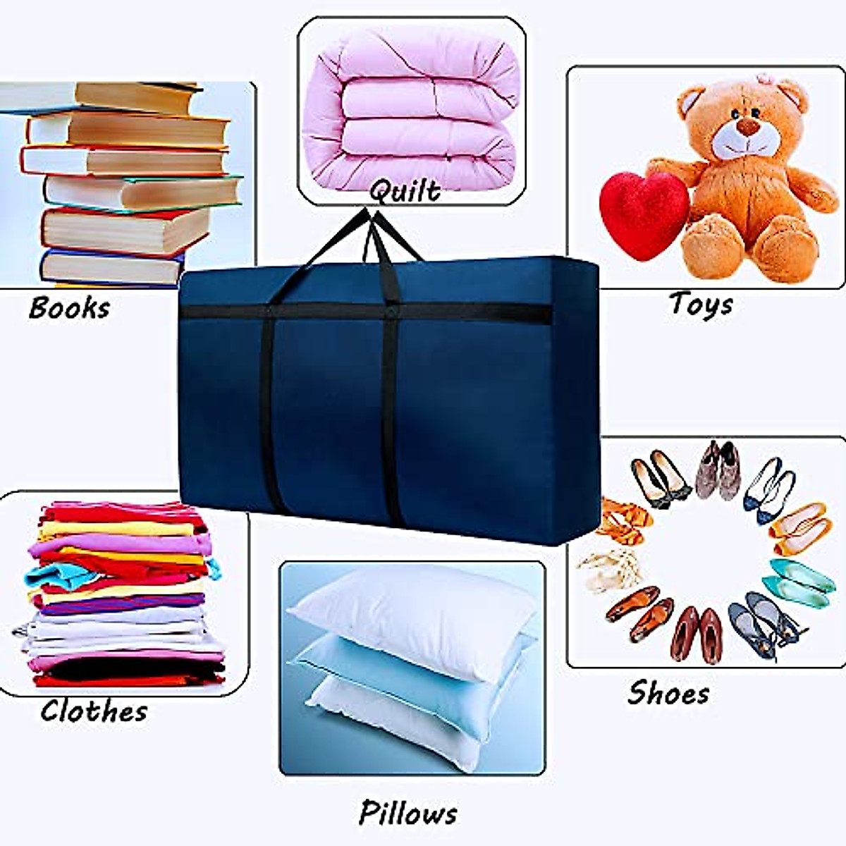 2-Pack 1680D Oxford Fabric Bags, Sturdy Foldable Waterproof Moving Tote Bag with Double Zippers and Reinforced Handles for Clothes Quilts, Jumbo Cargo Duffel Bag for Moving Packing Travelling(Blue)