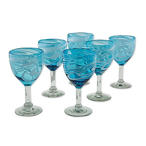 NOVICA Blue Hand Blown Glass Wine Glasses, 12 Oz, Whirling Aquamarine' (Set Of 6), Large